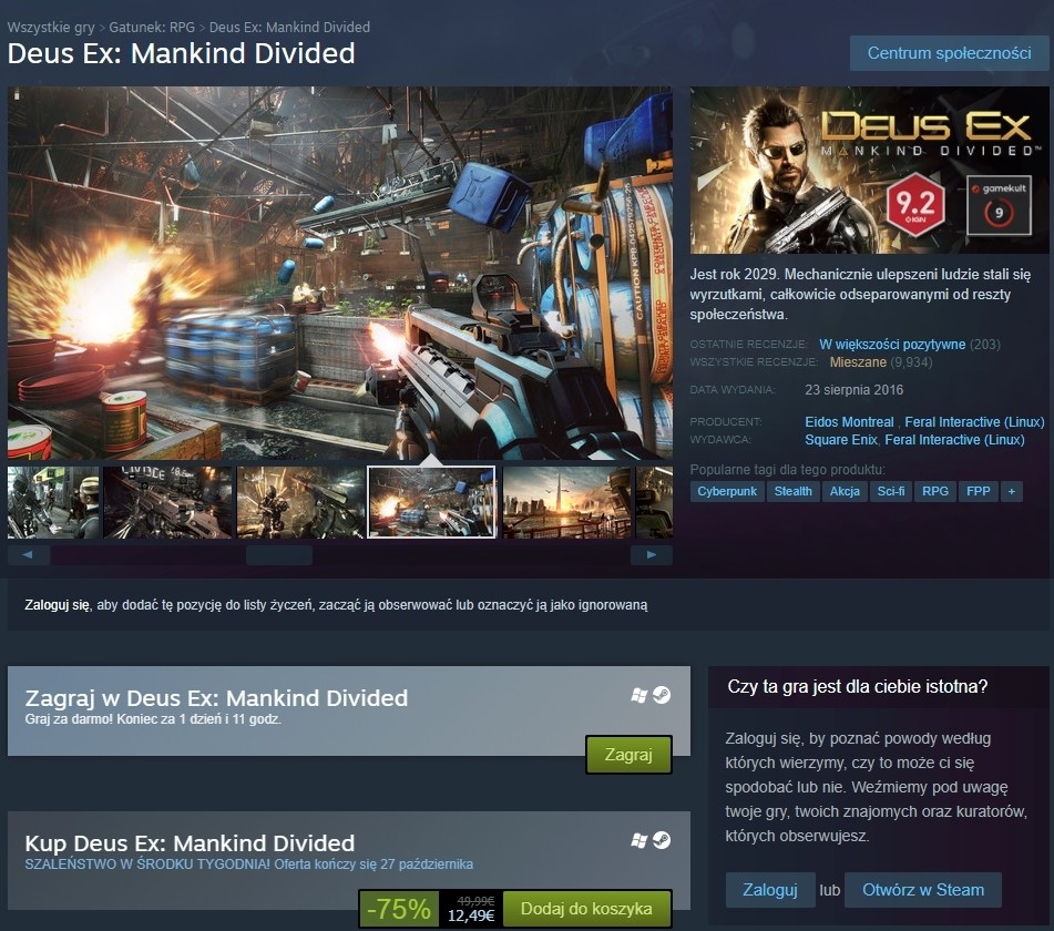 Deus Ex: Mankind Divided do czwartku za darmo na Steam | PurePC.pl